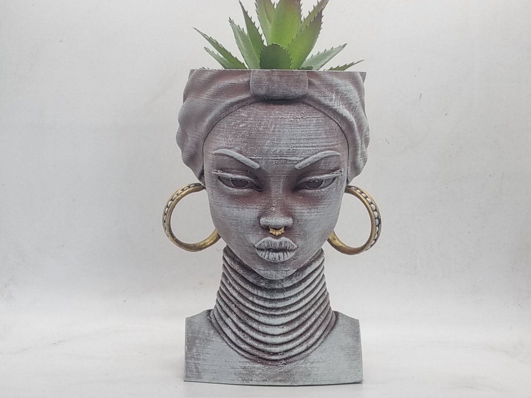 8" Marble Effect African Lady Plant Pot, African American Woman Bust ...