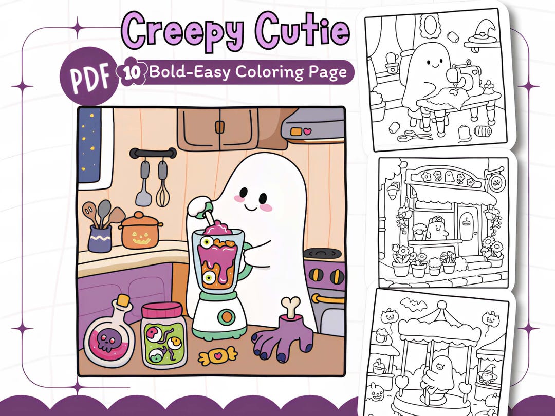 Creepy Cutie Halloween Coloring Pages PDF – Bold Easy Kawaii Ghost ...