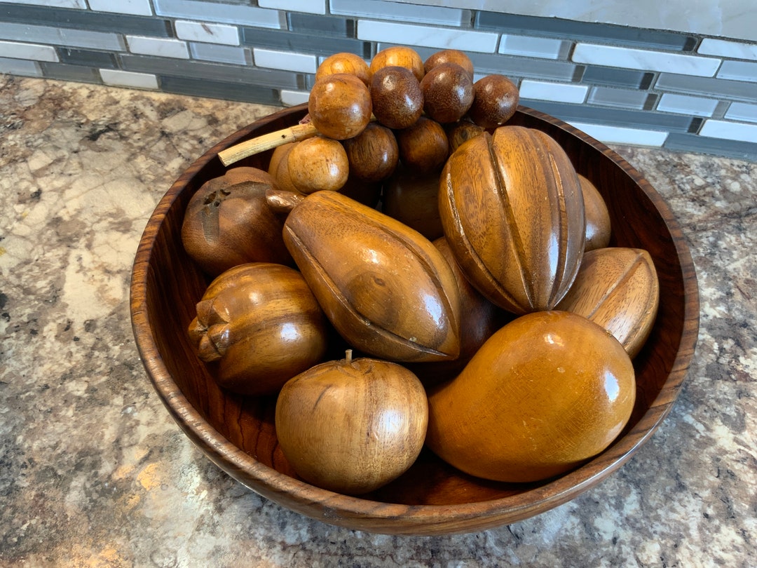 Mid Century Modern Hand Carved Vintage Wood Fruit Basket. Grapes Mango ...