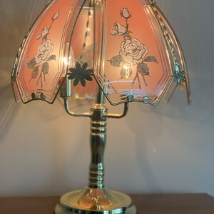 Vintage 80s Accent Lamp. Brass & Glass, Pink Panel Touch Lamp, Tri ...