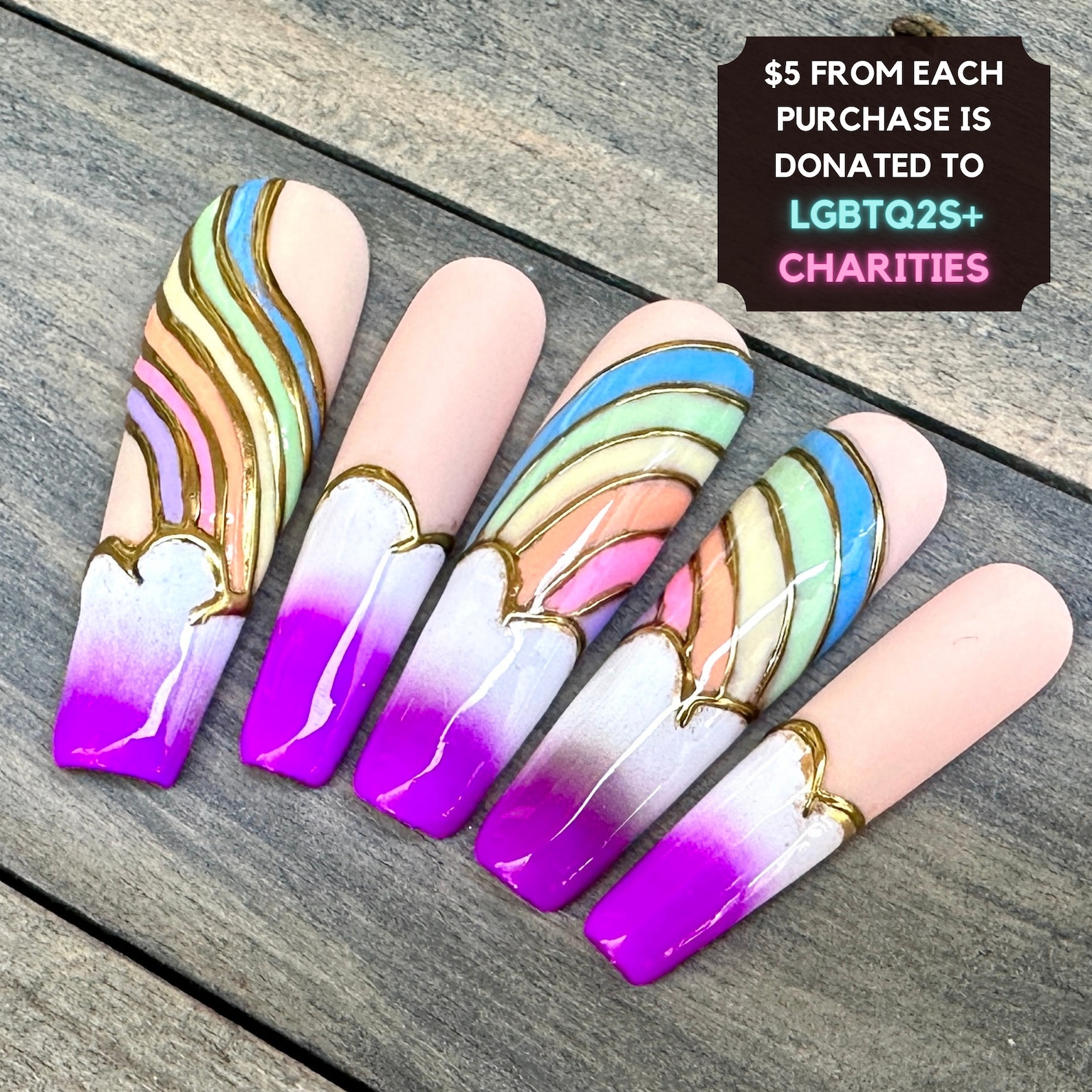 Pride Rainbow Press on Nails | Pastel Cloud LGBTQ2S+ Manicure | Gold ...