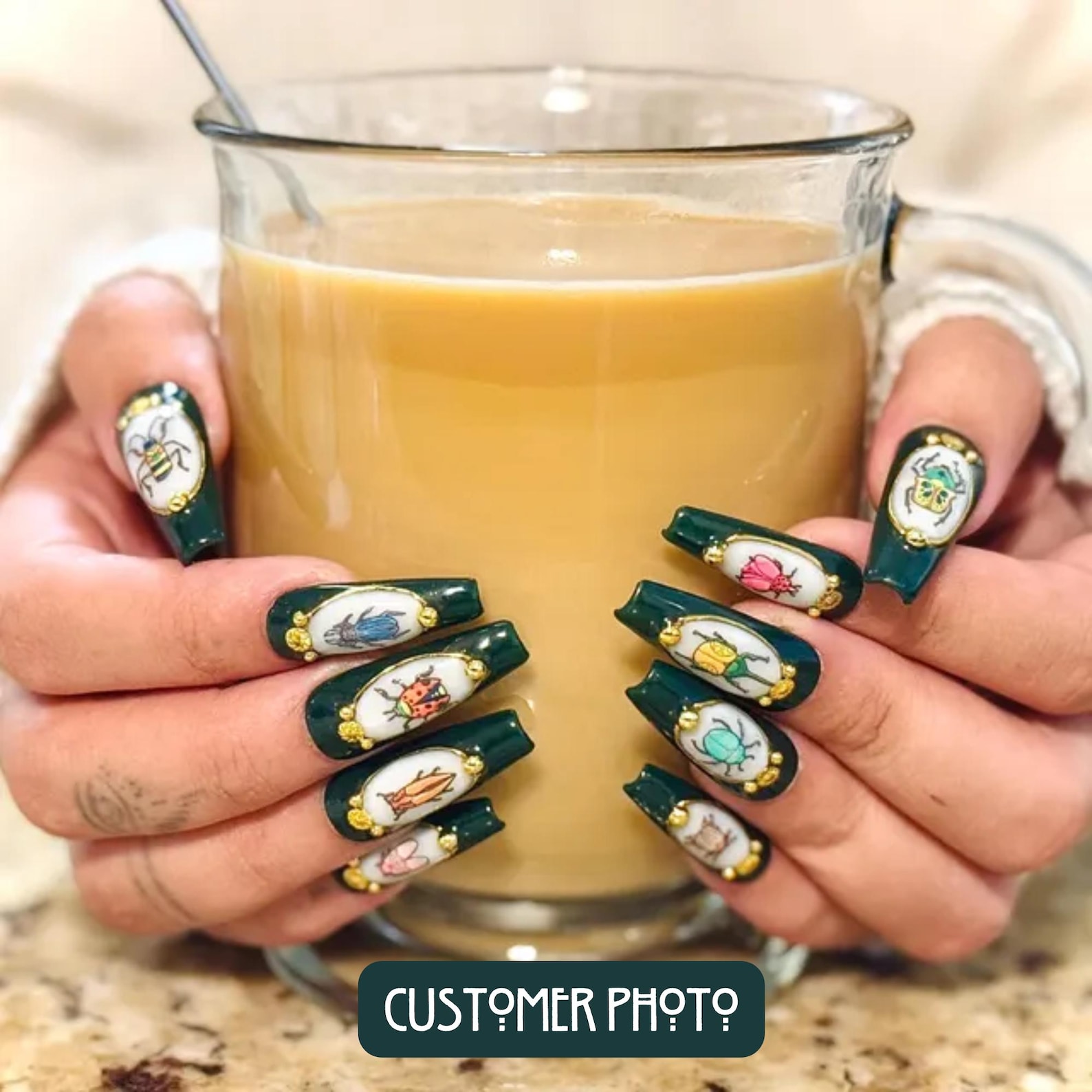 Bug Press‑on Nails – Beetles & Bugs Framed in Gold on Forest Green ...