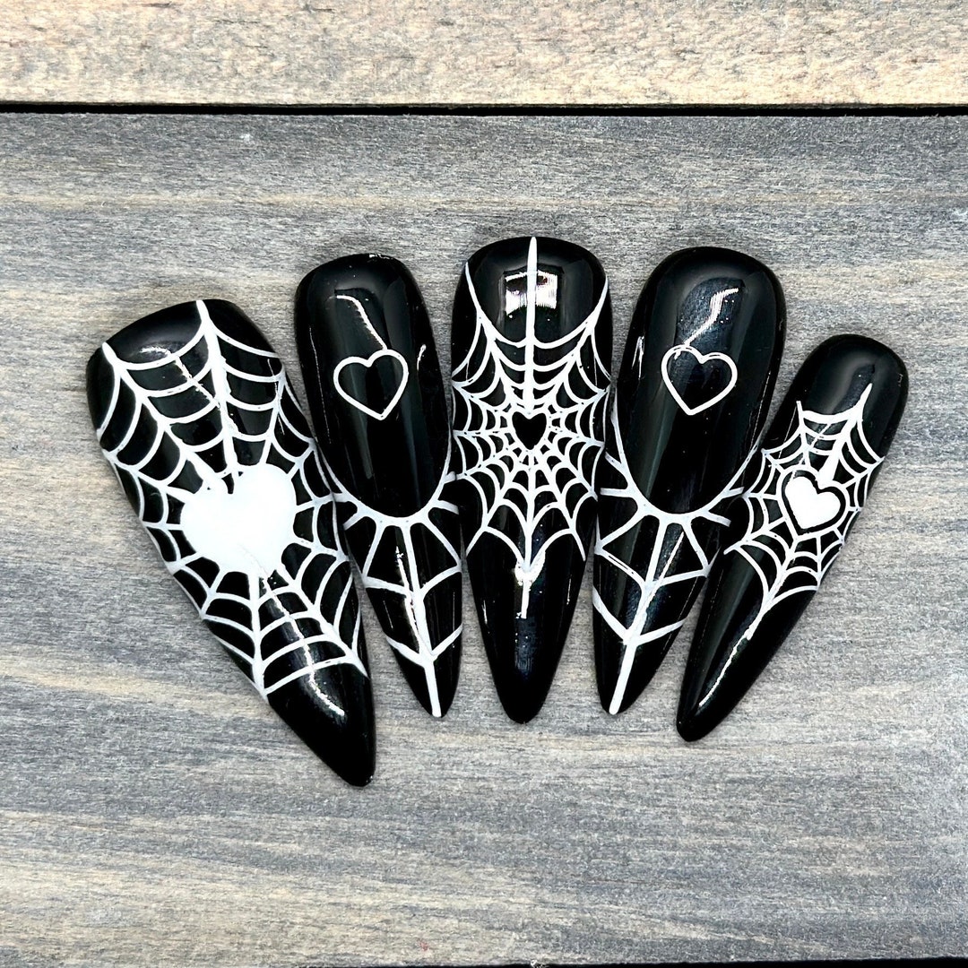 Black and White Spider Webs and Hearts Halloween Press on Nails ...