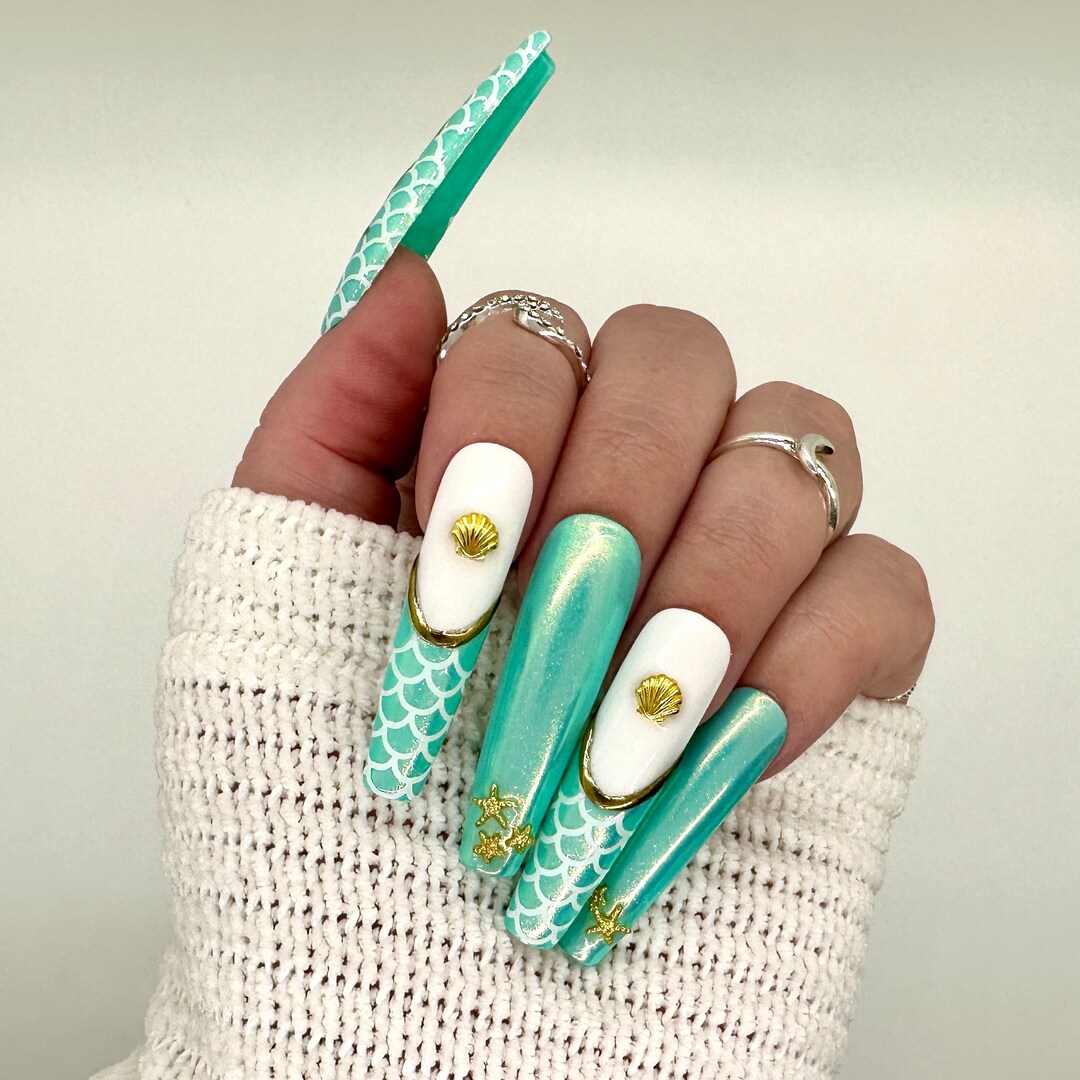 Summer Mermaid Nails With 3D Gold Shells | Luxury Press on Nails ...