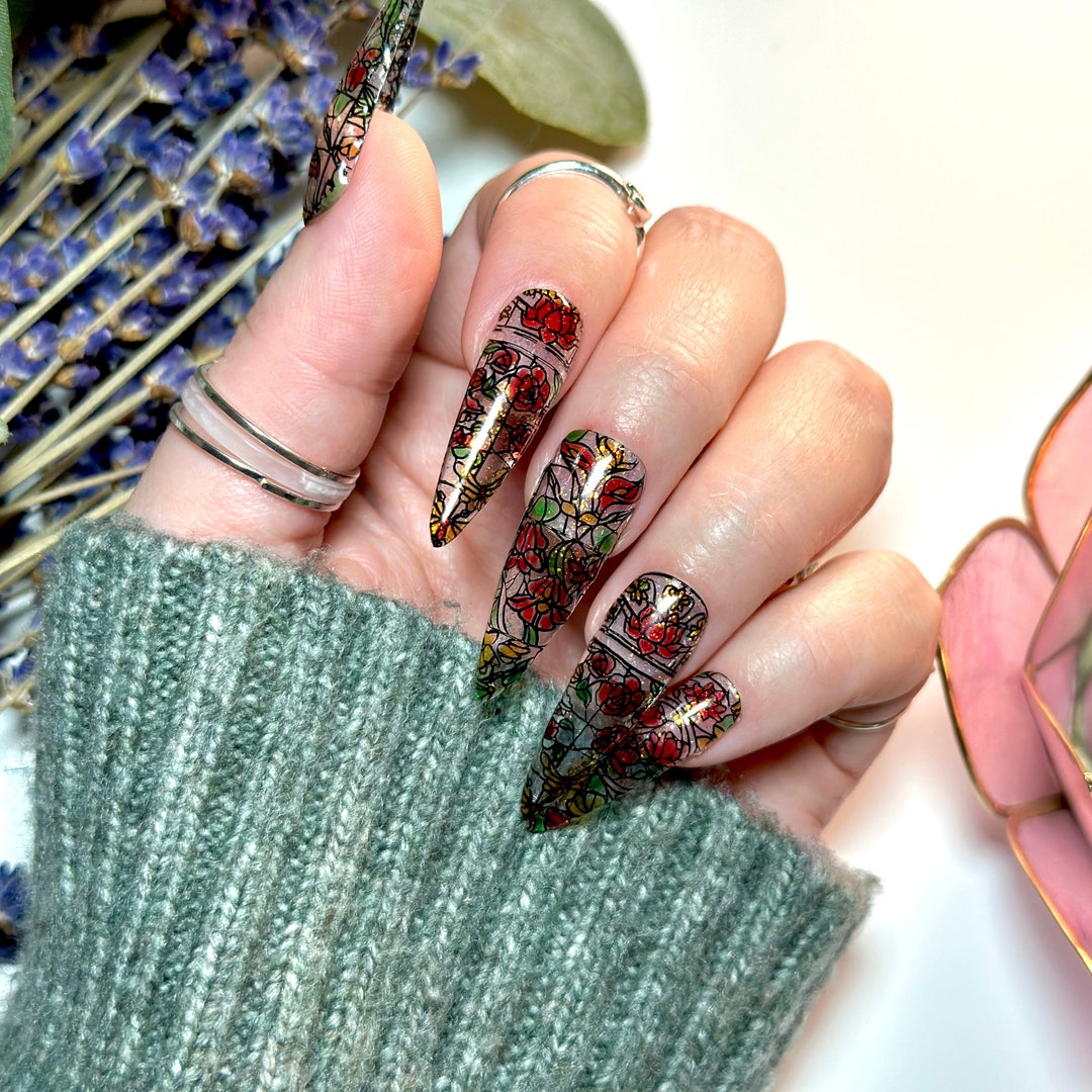 Stained Glass Press on Nails With Roses | Tinted Glass Witchy Handmade ...