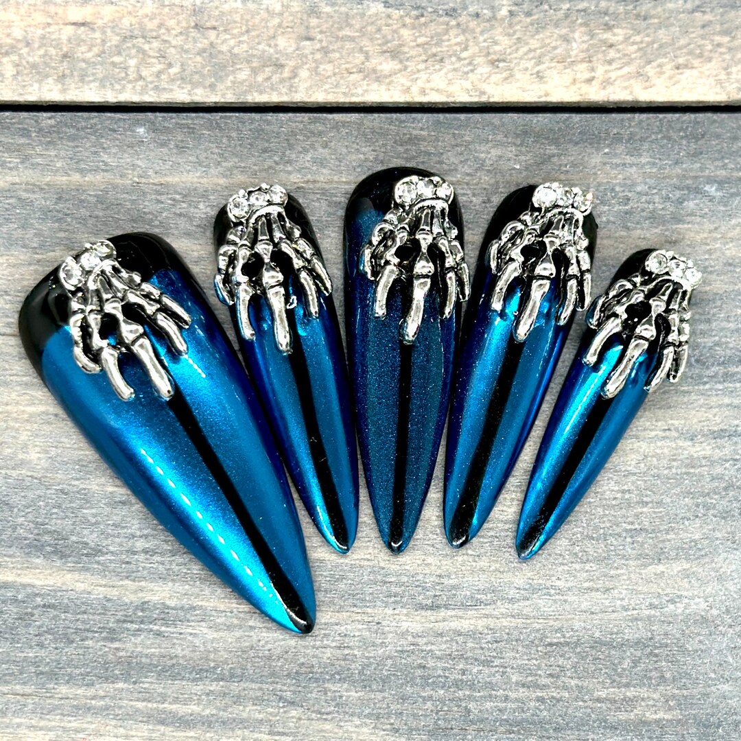 Blue Chrome With Skeleton Hands Press on Nails | Goth Alternative Nails ...