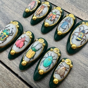 Bug Press‑on Nails – Beetles & Bugs Framed in Gold on Forest Green ...