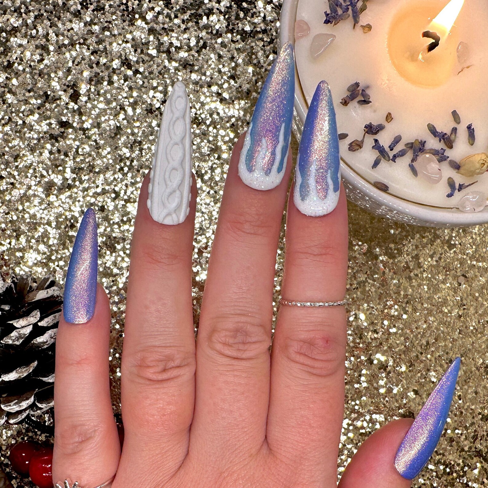 Frozen Periwinkle Blue Press-on Nails | 3D Sweater & Icicle Design ...