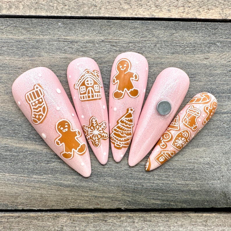 Gingerbread Christmas Nails With White Magnetic Pom Poms | Press on ...