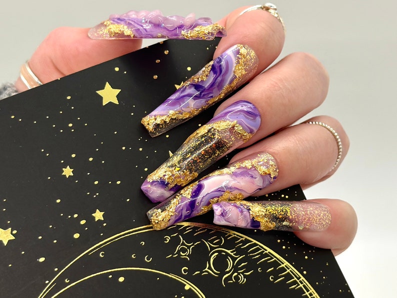 Purple Amethyst Geode Press on Nails With Real Rose Quartz - Etsy