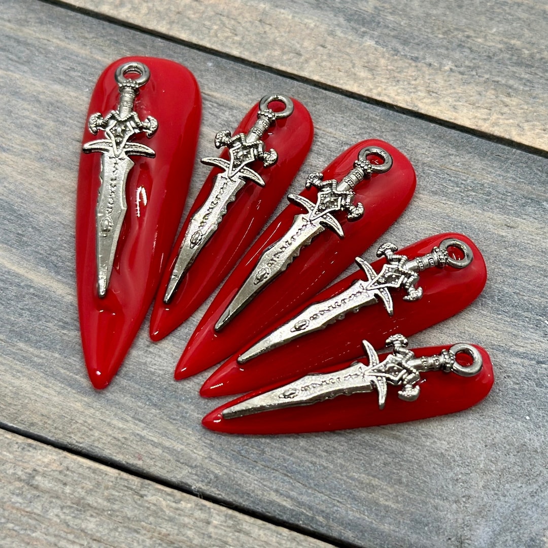 Silver 3D Swords Red Press on Nails | Sword Charms Nails | Halloween ...