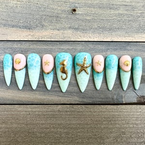 Summer Ocean Nails With 3D Gold Chrome Starfish, Seahorse, and Shells Luxury Press on Nails ...