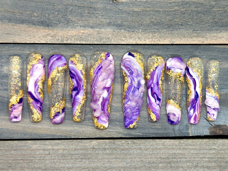 Purple Amethyst Geode Press on Nails With Real Rose Quartz - Etsy