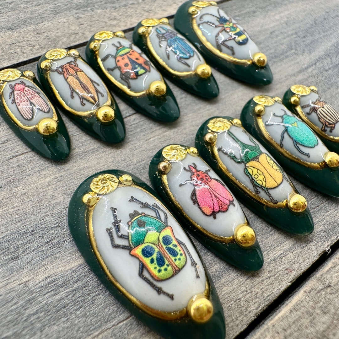 Beetles and Bugs in Gold Frames on a Forest Green Background Press on ...