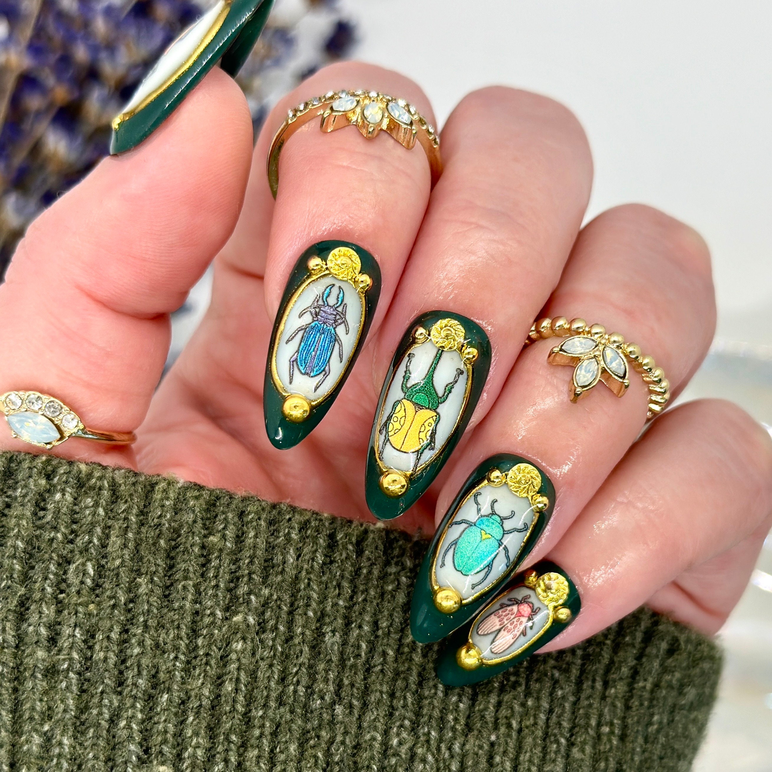Bug Press‑on Nails – Beetles & Bugs Framed in Gold on Forest Green ...