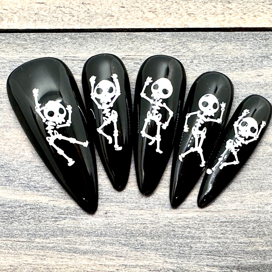 Dancing Skeletons Halloween Press on Nails | Black and White Halloween ...