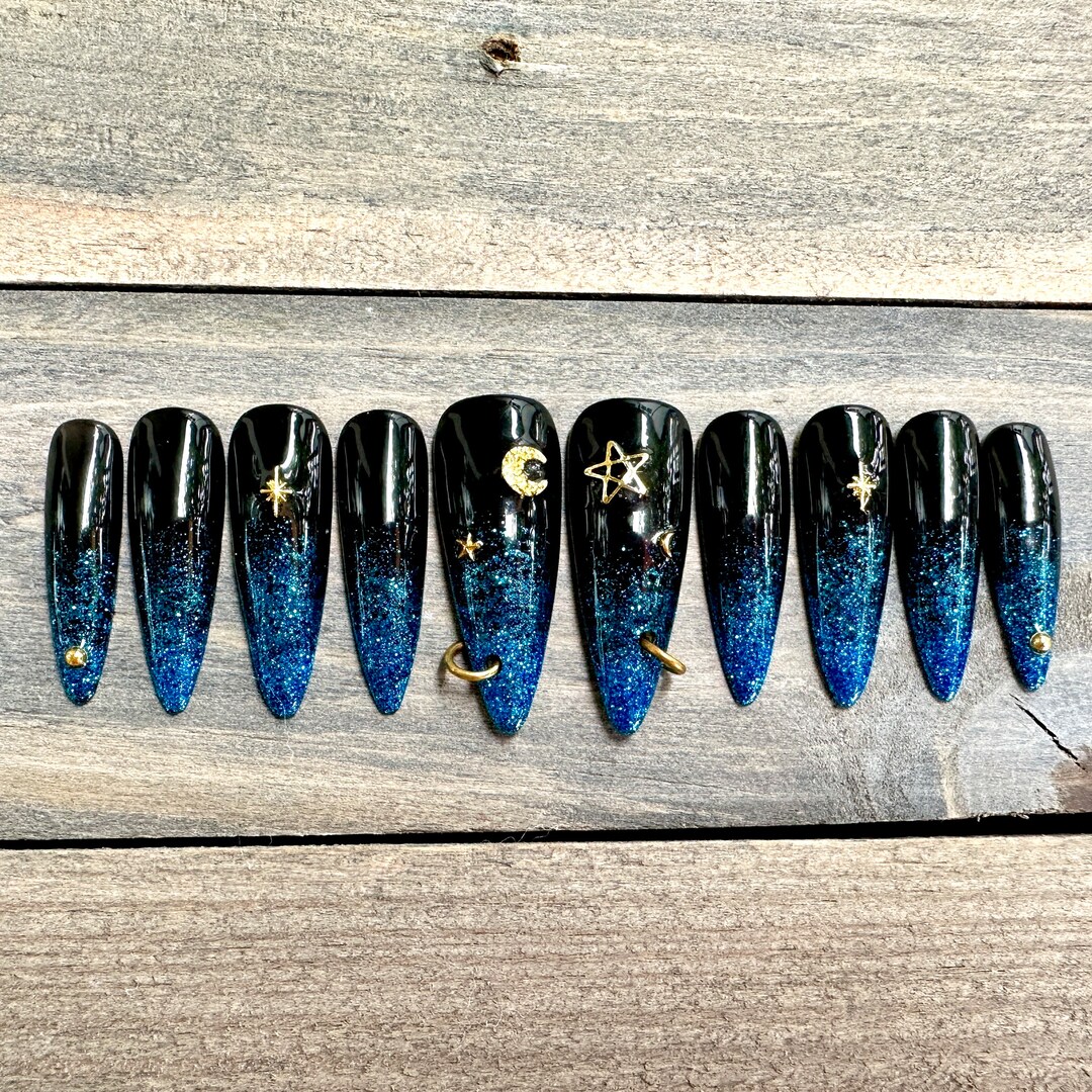 Celestial Moon and Stars Press on Nails | Ombre Witchy Nails With Nail ...