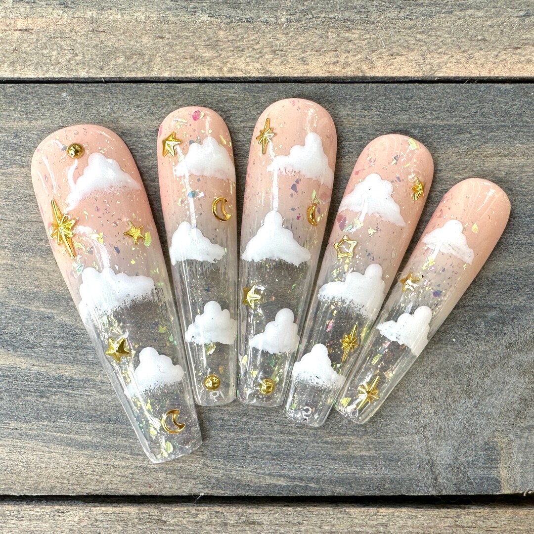 Celestial Pink Dawn Sky Press on Nails| Stars & Moons Fake Nails ...
