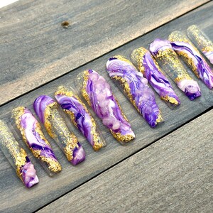 Purple Amethyst Geode Press on Nails With Real Rose Quartz | Fake Nails ...