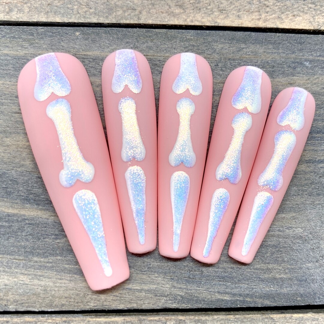 Pink Skeleton Bone Press on Nails | Skeleton Bone Nails | Halloween ...