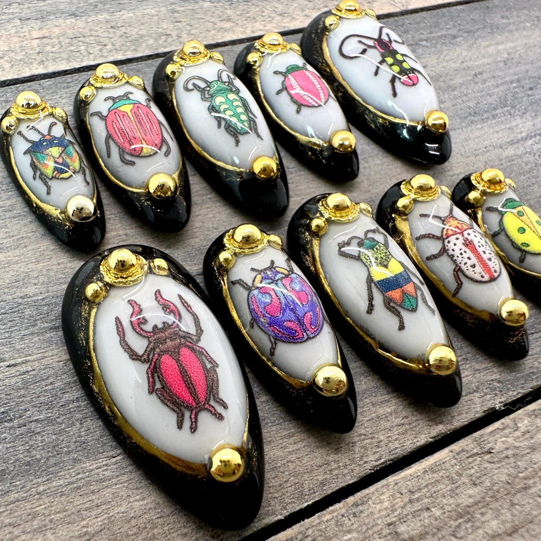 Bug Press on Nails With Beetles | Insect Nails on Glossy Black Polish ...