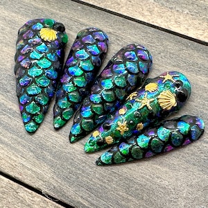 3D Siren Scale Press on Nails | Iridescent Mermaid Fake Nails | Luxury Nails | Artificial Nails ...