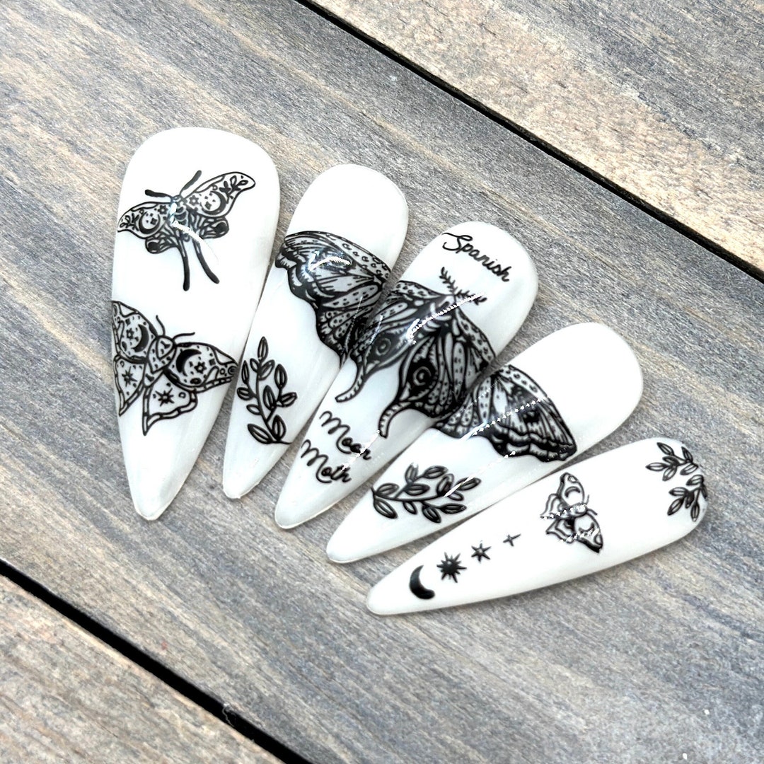 Luna Moth Press on Nails | Moon Moth Black and White Witchy Press Ons ...