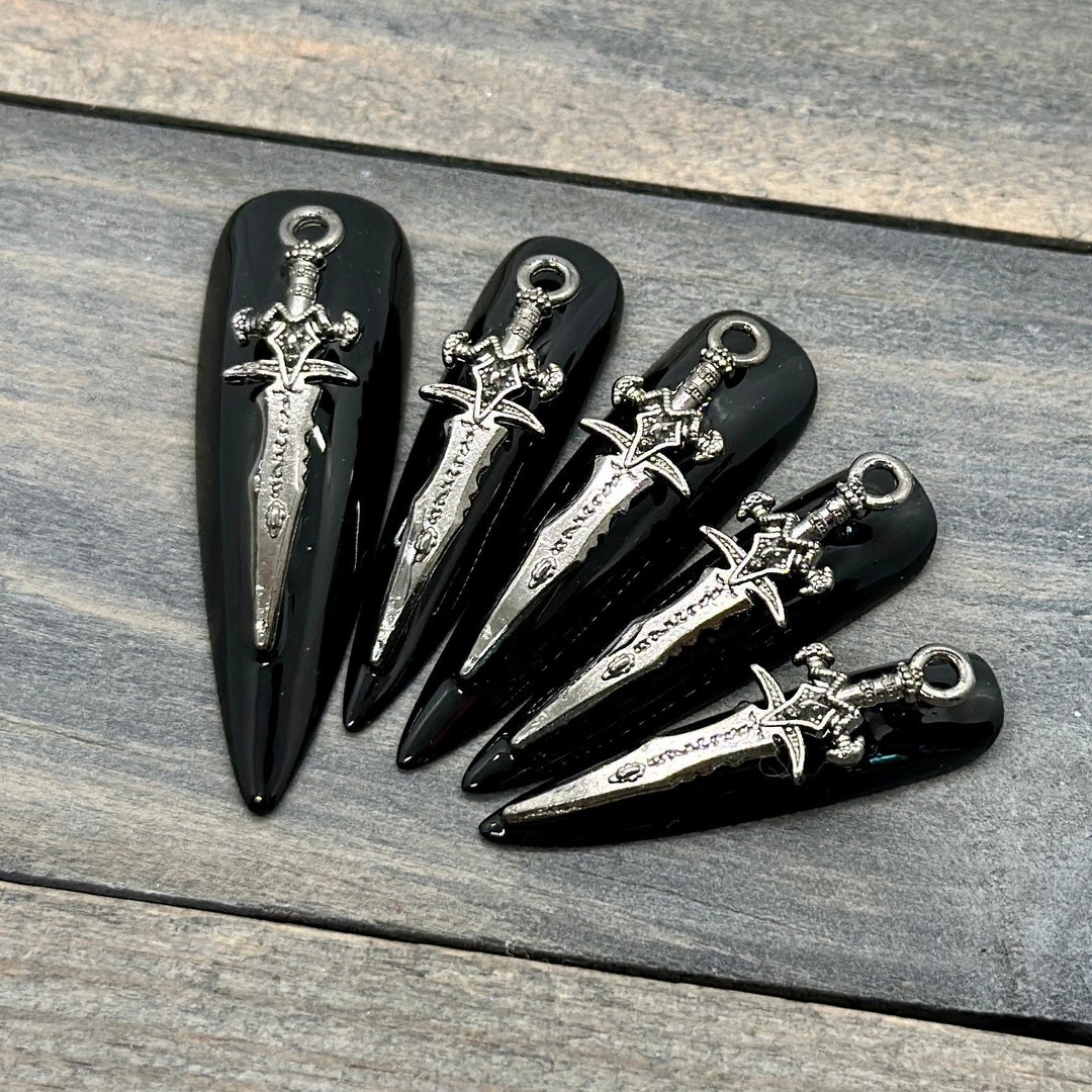 Silver Sword Charm Press on Nails | Black Gothic Nails | Witchy ...