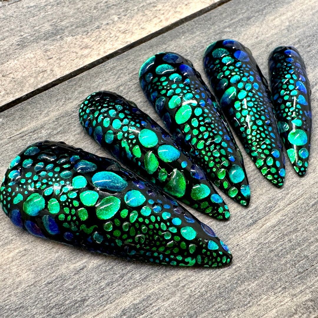 3D Dragon Scale Press-on Nails – Blue-green Iridescent, Reusable Luxury ...