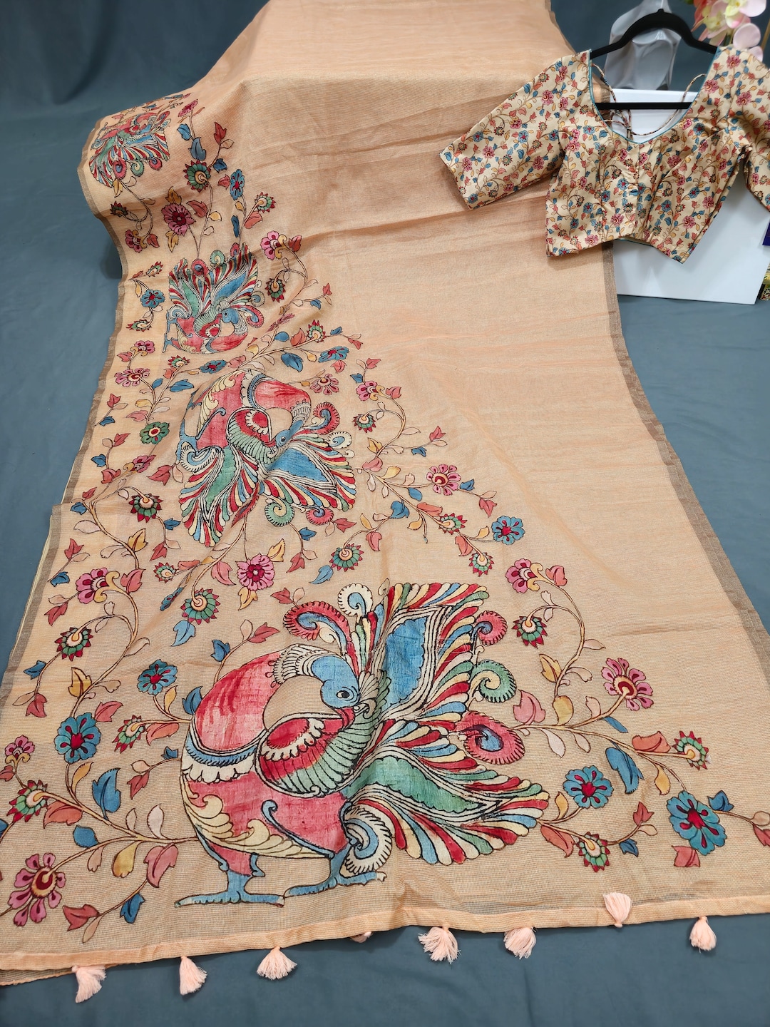 Beige Kota Tissue Applique Saree With Kalamkari Design Over the Drape ...