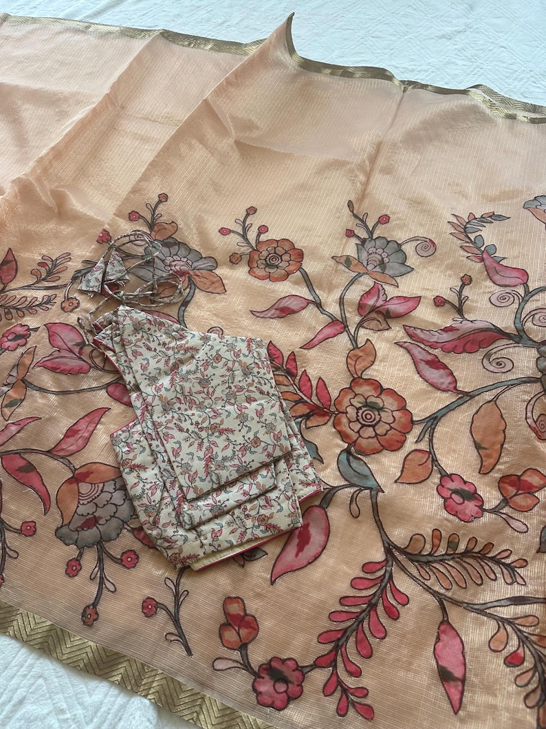 Peach Tissue Kota Applique Saree With Kalamkari Design Over the Drape ...