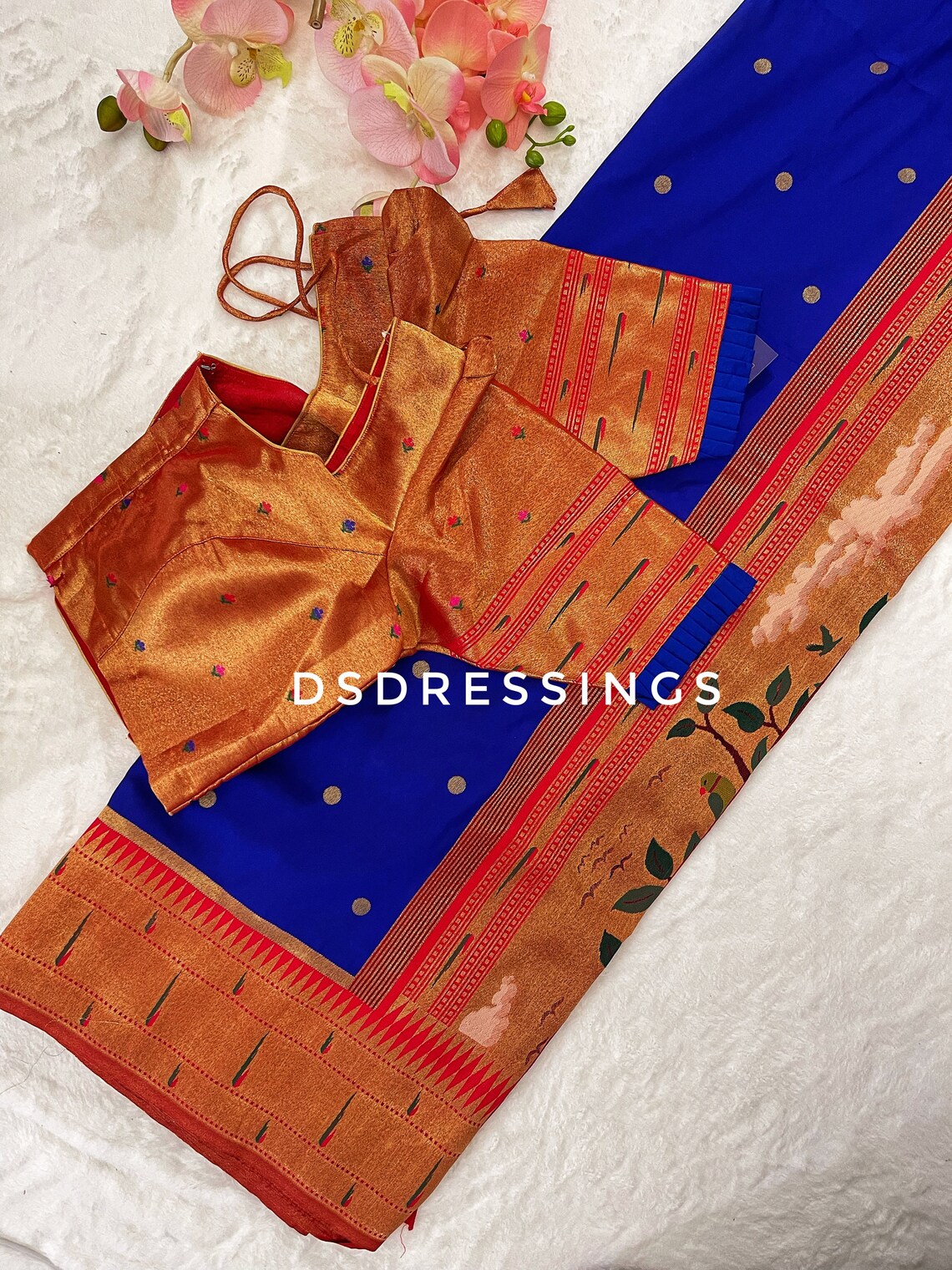 Royal Blue Paithani Saree With Paithani Border Paithani Stitched Blouse ...