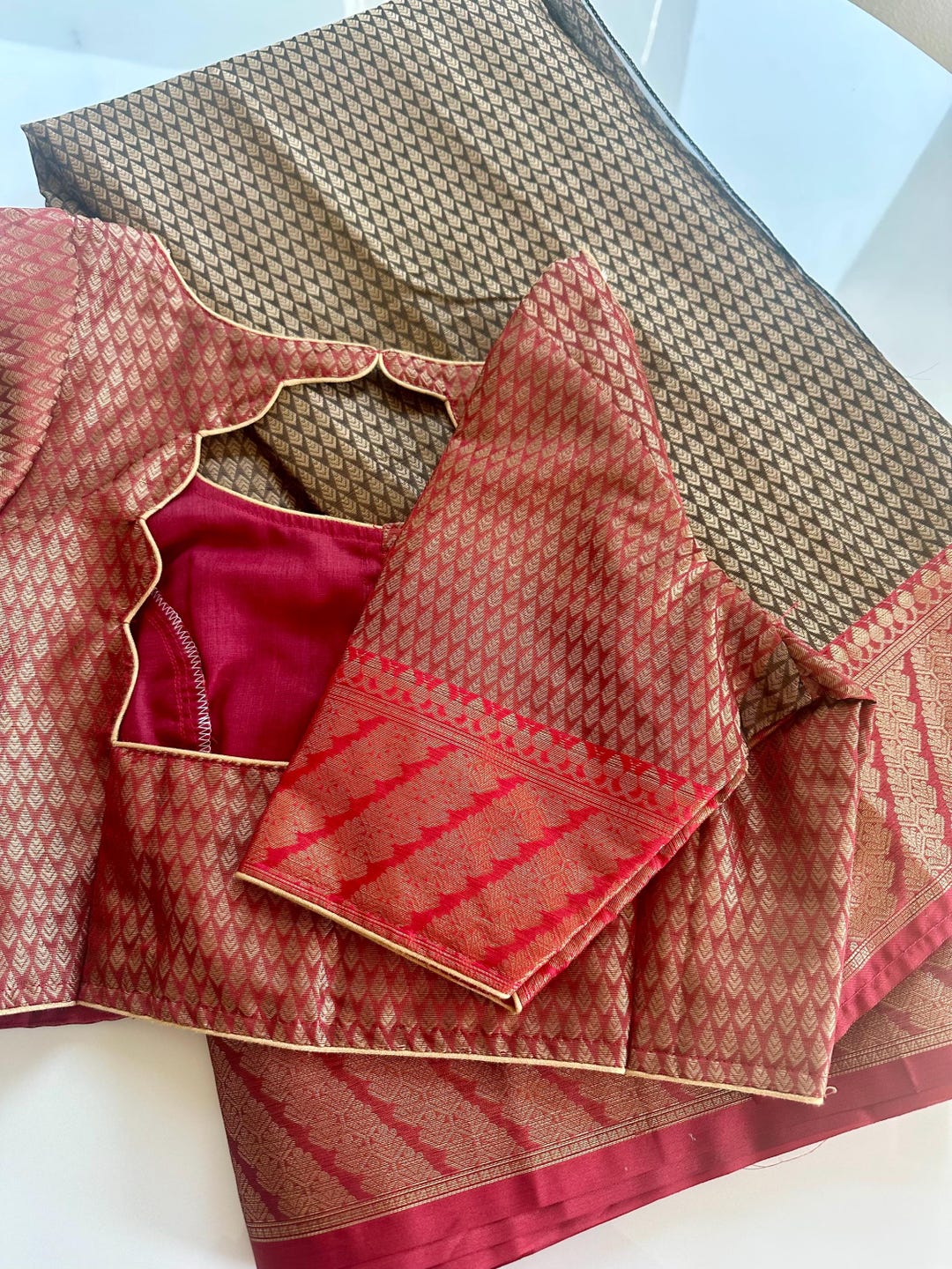 Black Banaras Kora Saree: Gold Brocade, Stitched Red Blouse Shipped ...