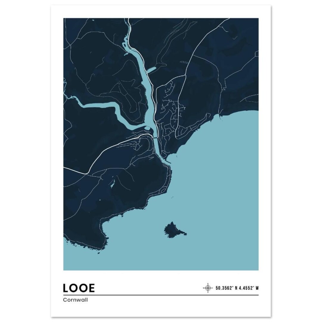 Looe Map Wall Art Print, Map of Cornwall Minimalist Wall Art, Vintage ...