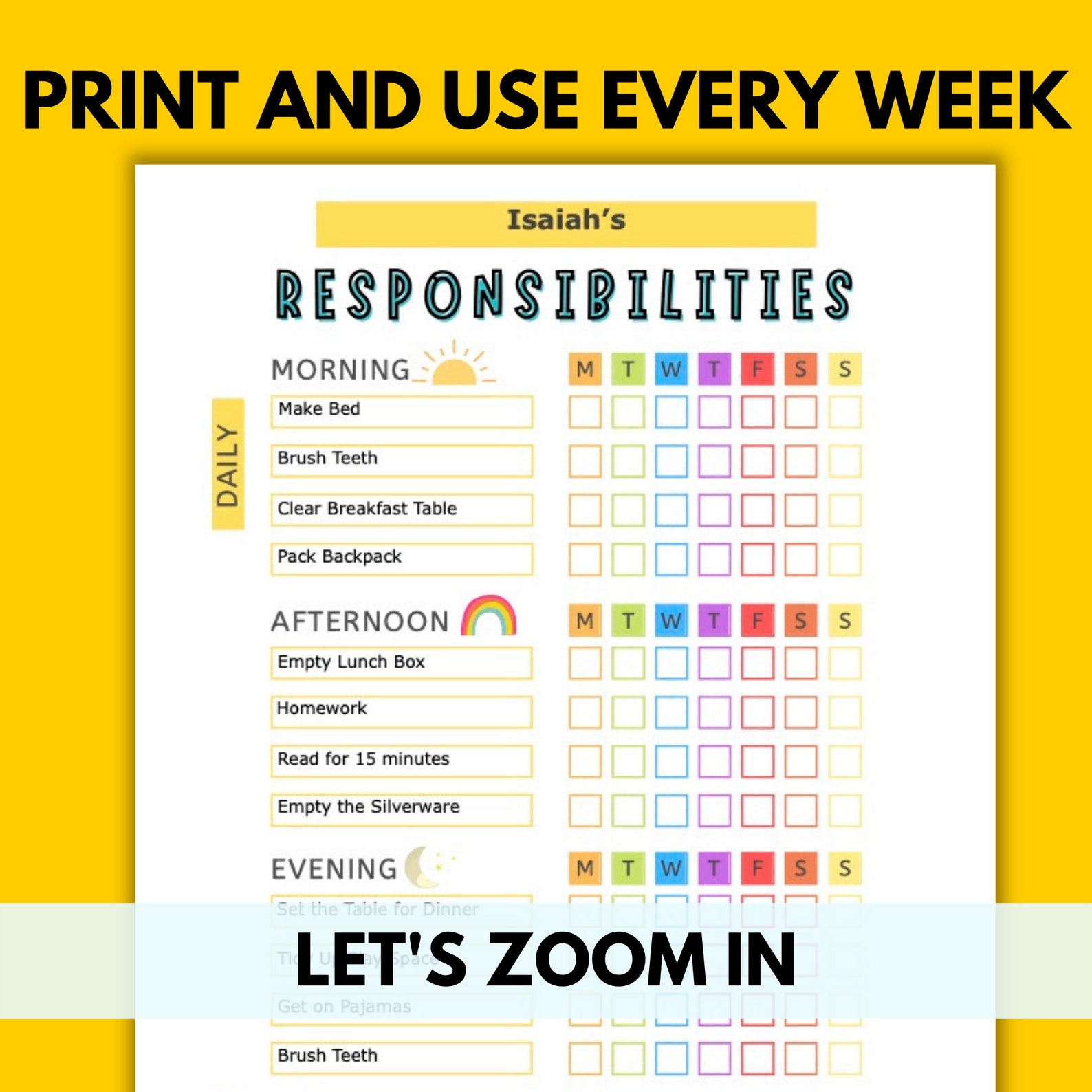 Responsibility Chore Chart Editable PDF Printable Download - Etsy