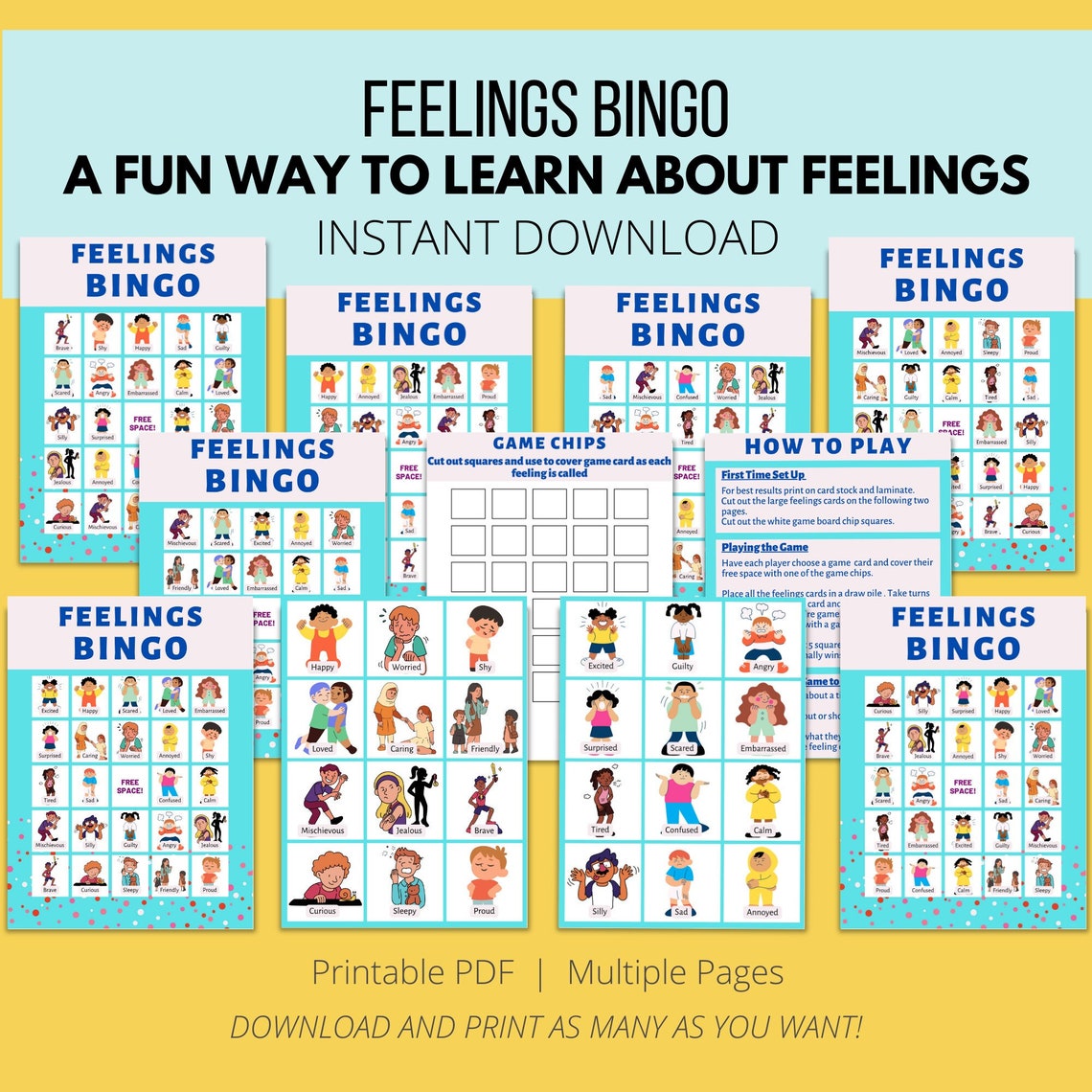 Feelings Emotions Bingo Therapy Game, Kids Therapy Activity, Emotion ...