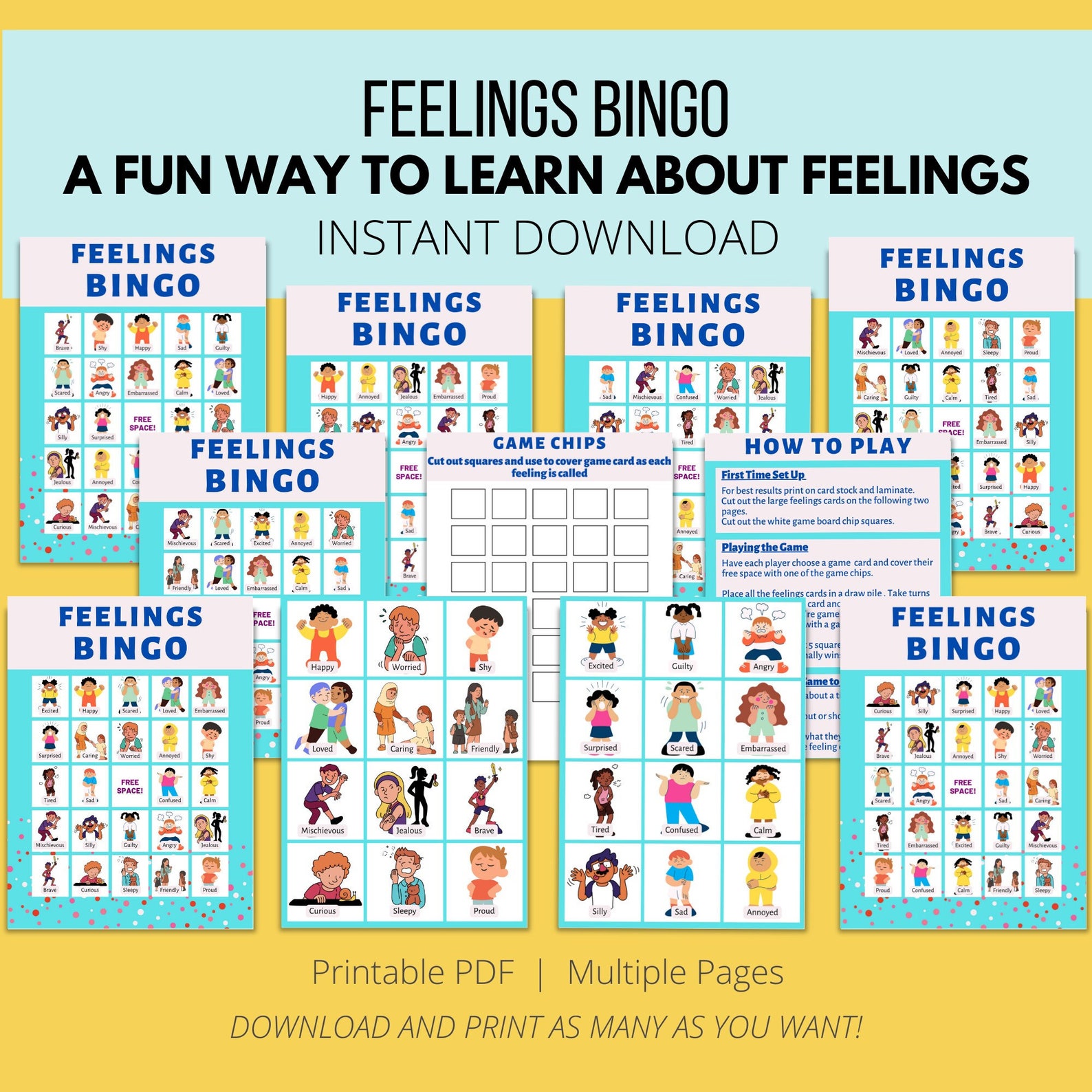 Feelings Emotions Bingo Therapy Game, Kids Therapy Activity, Emotion ...