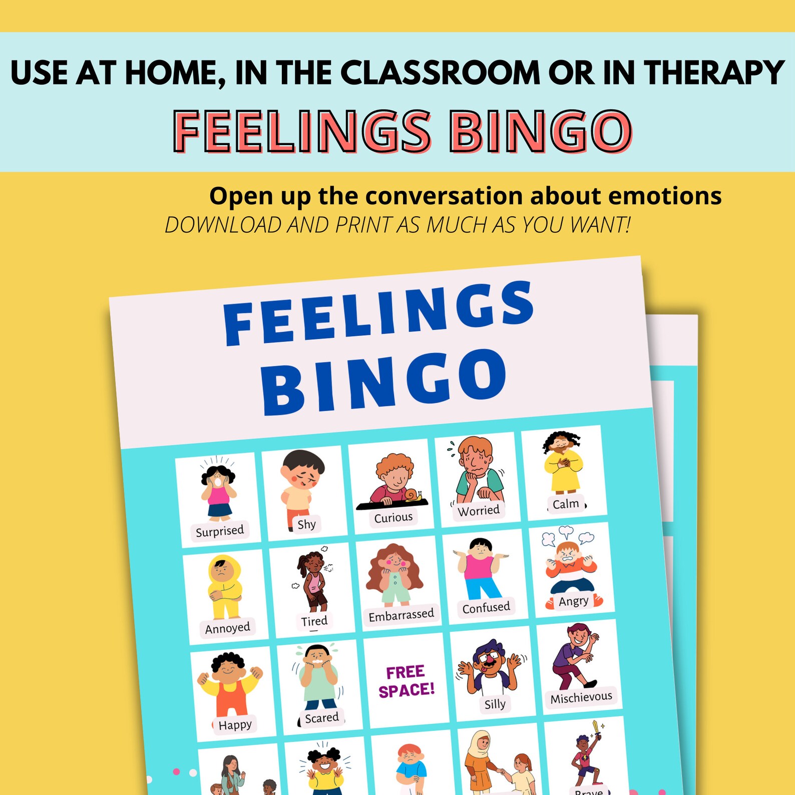 Feelings Emotions Bingo Therapy Game, Kids Therapy Activity, Emotion ...