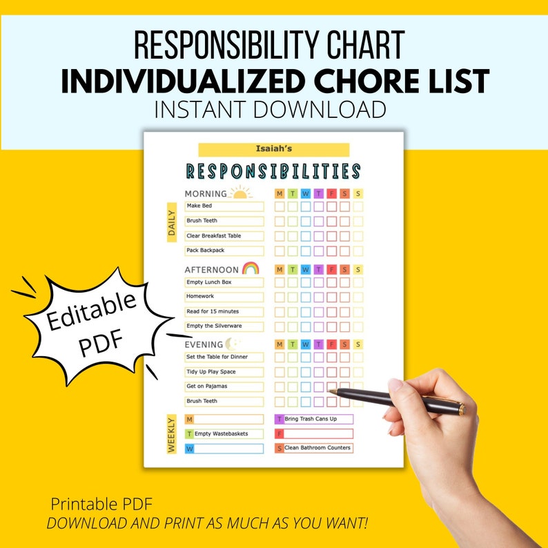Responsibility Chore Chart Editable PDF Printable Download - Etsy
