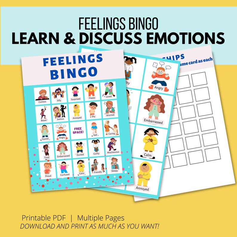 Feelings Emotions Bingo Therapy Game, Kids Therapy Activity, Emotion ...