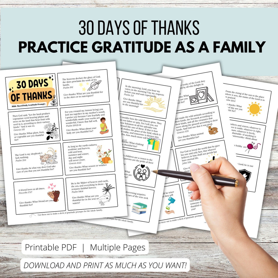 30 Days of Thanks, Gratitude Printable Cards, Family Devotional ...