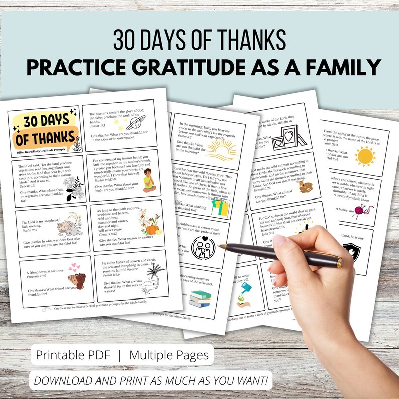 30 Days of Thanks, Gratitude Printable Cards, Family Devotional ...