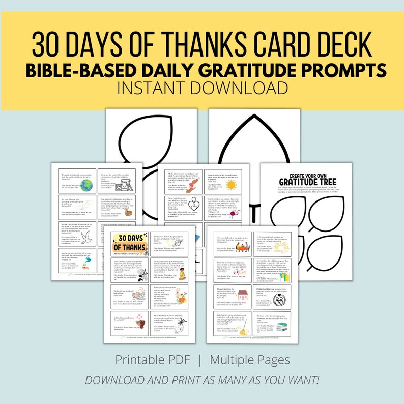 30 Days of Thanks, Gratitude Printable Cards, Family Devotional ...