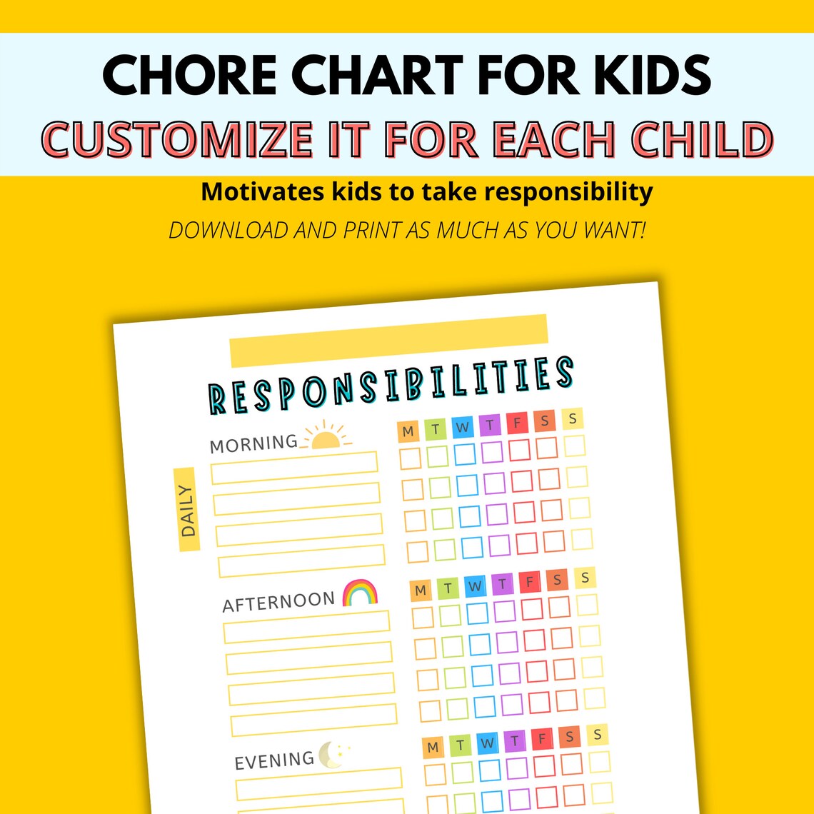 Responsibility Chore Chart Editable PDF Printable Download - Etsy