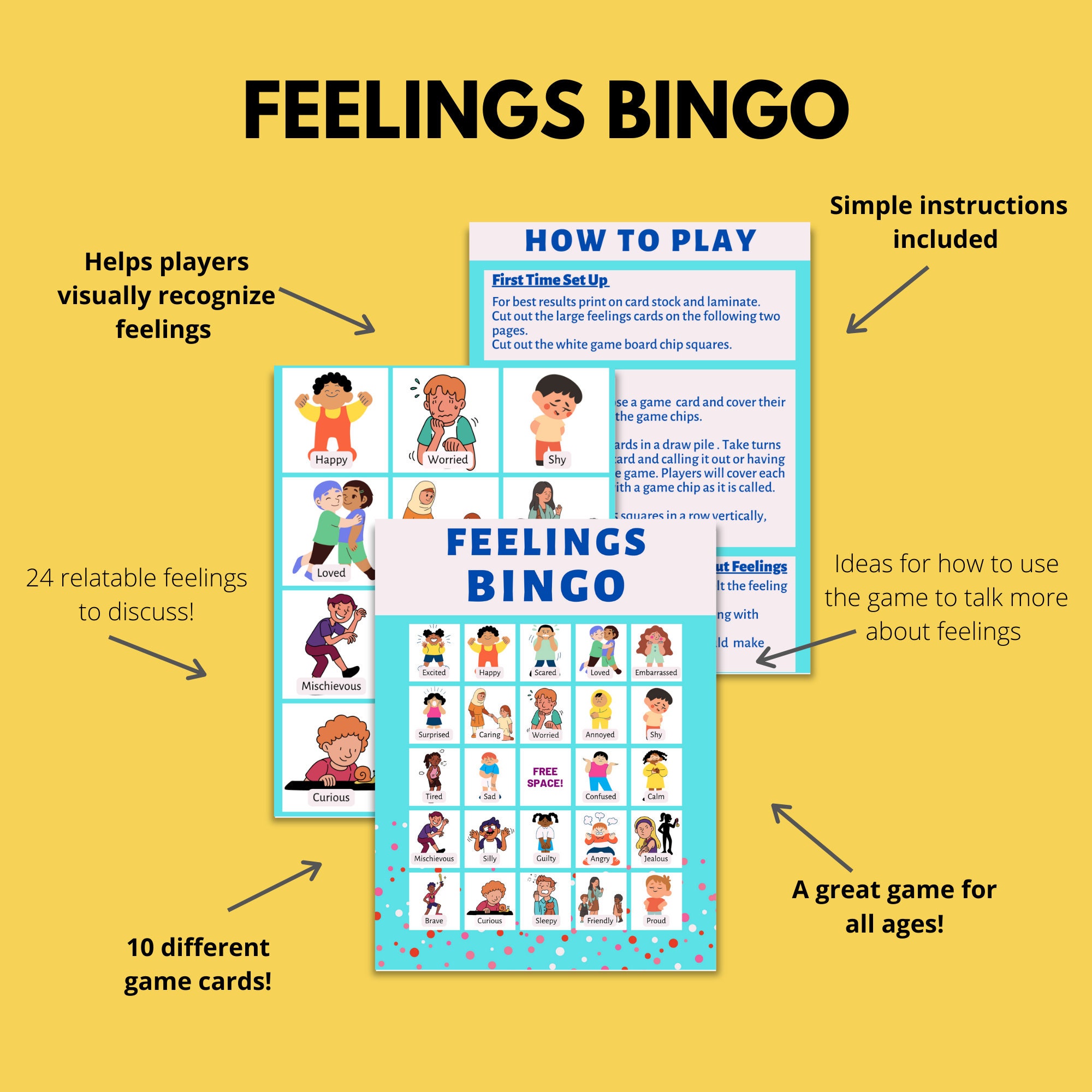 Feelings Emotions Bingo Therapy Game, Kids Therapy Activity, Emotion ...