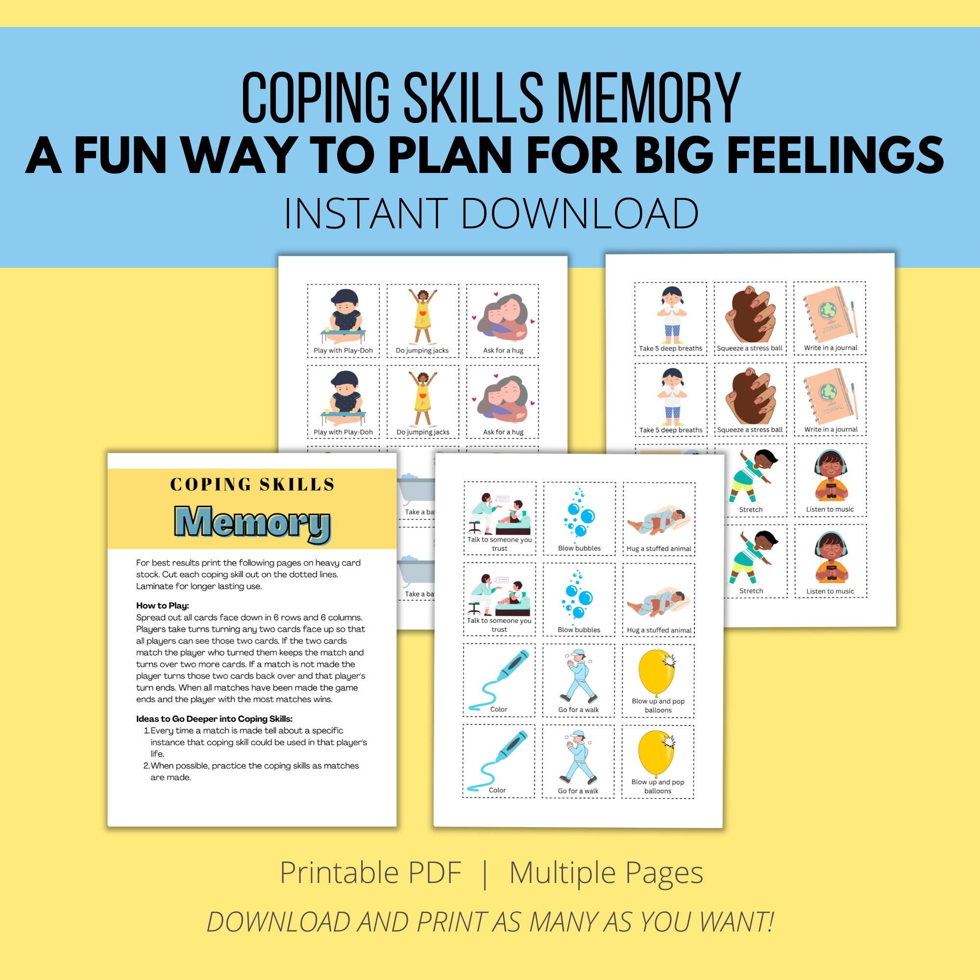 Coping Skills Game, Matching Game Printable, Kids Feelings, Therapy ...
