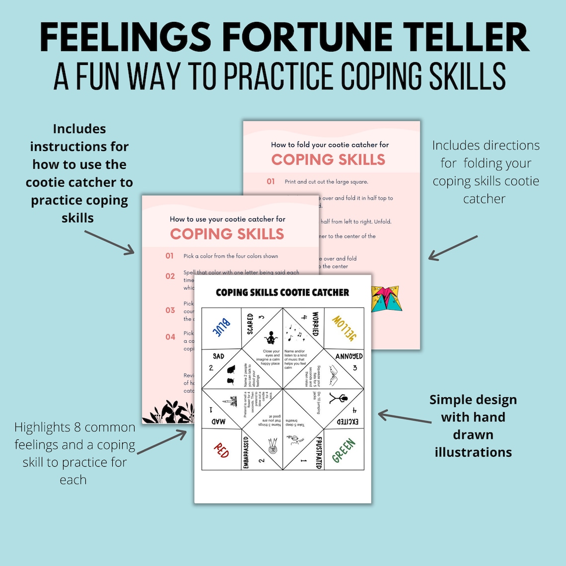 Coping Skills Cootie Catcher Fortune Teller: Kids Mental Health Therapy ...