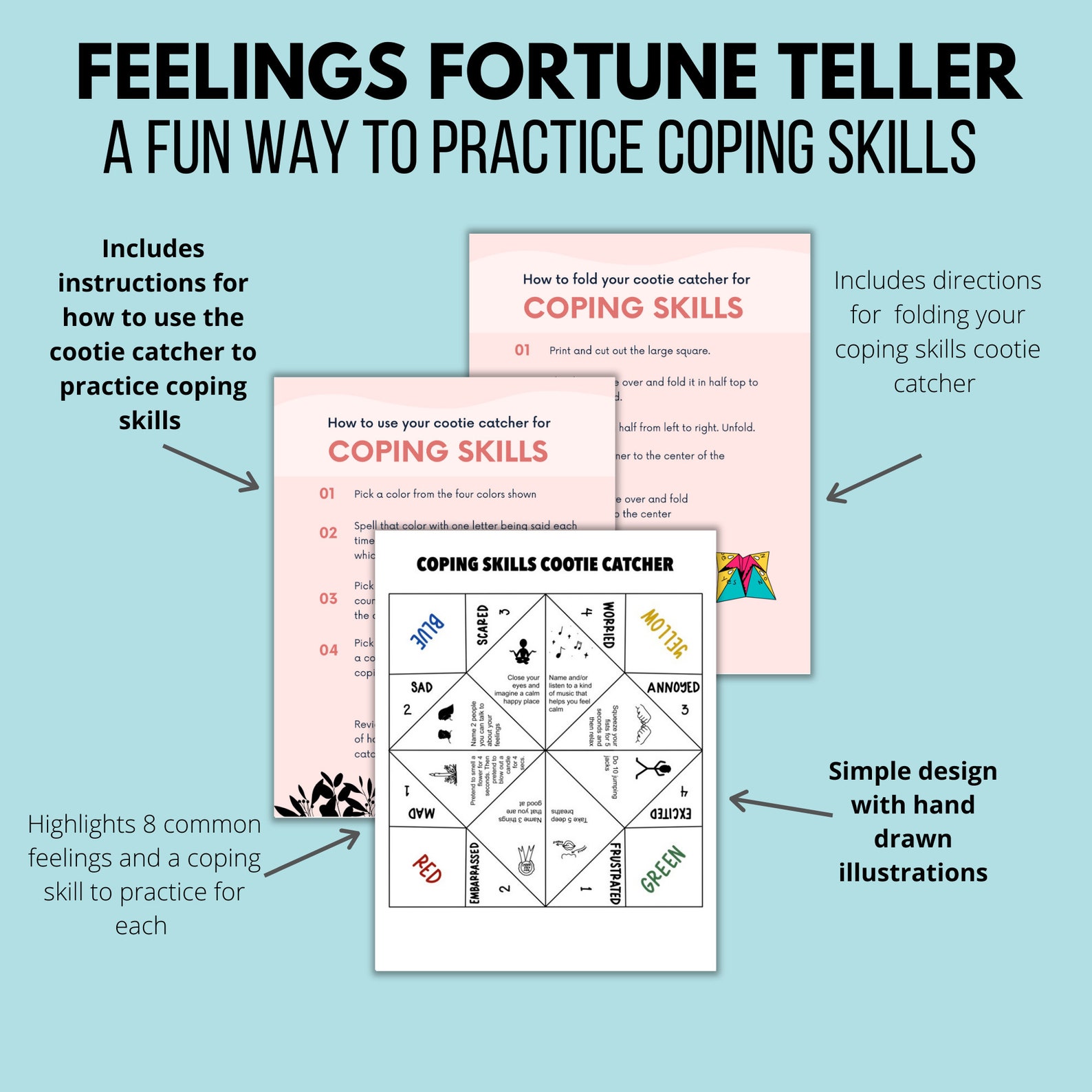 Coping Skills Cootie Catcher Fortune Teller: Kids Mental Health Therapy ...