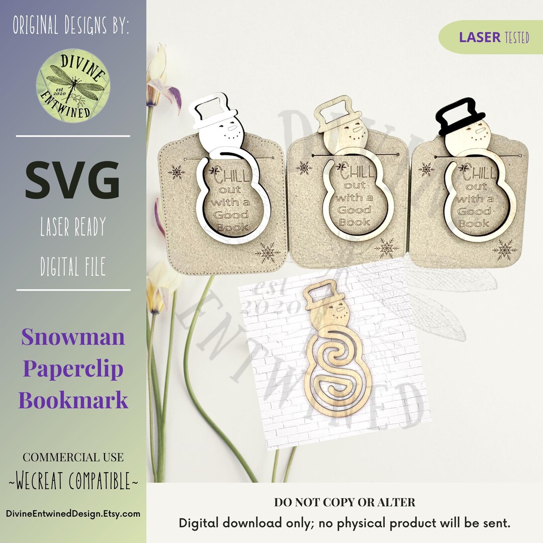 Snowman Bookmark SVG File: Laser Cut Paperclip Design (digital Download ...