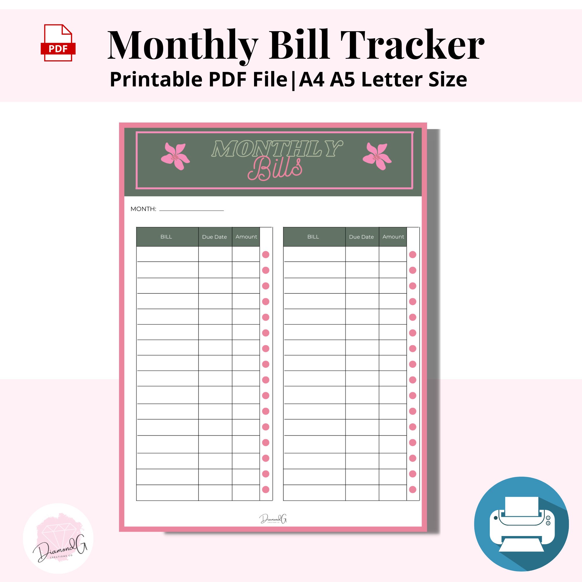 Monthly Bill Tracker | Digital Bill Tracker | Bill Organizer Printable ...